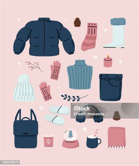 Hygge 겨울 옷 필수 스타일 요소 귀여운 스칸디나비아 라이프 스타일 아늑한 개체 겨울 휴일 축하 손 그린 벡터 일러스트 0명에 대한 스톡 벡터 아트 및 기타 이미지