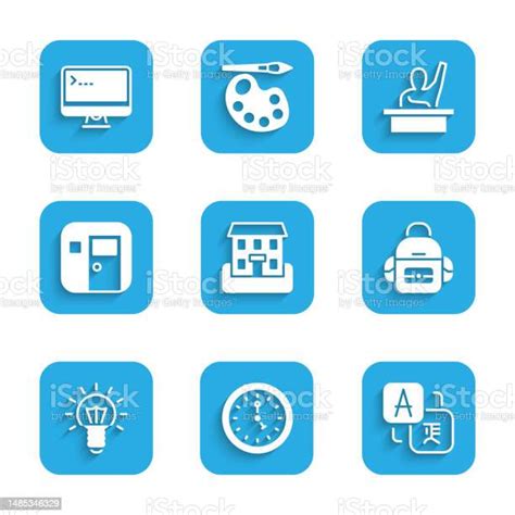 학교 건물 시계 번역기 배낭 전구 교실 손을 들고 컴퓨터 모니터 아이콘을 들고 있는 남자 아이를 설정합니다 벡터 0명에 대한 스톡 벡터 아트 및 기타 이미지 Istock