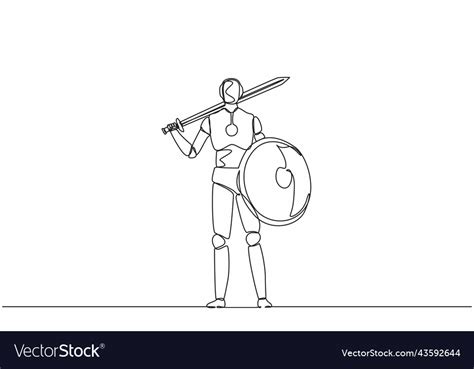 Single Continuous Line Drawing Robots Standing Vector Image