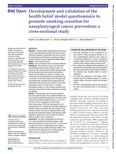 Pdf Development And Validation Of The Health Belief Model Questionnaire To Promote Smoking