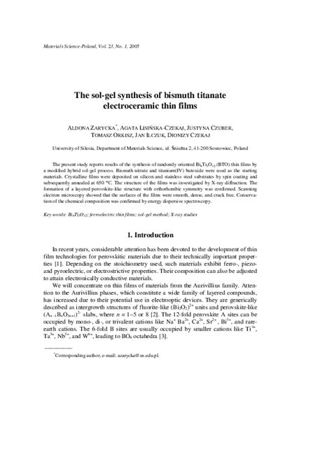 Pdf The Sol Gel Synthesis Of Bismuth Titanate Electroceramic Thin Films
