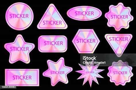 분홍색 그라데이션의 다양한 모양 홀로그램 그라데이션 스티커 라벨 세트 검은 색 배경 최신 트렌드 디자인을 위한 벡터 웹 디자인