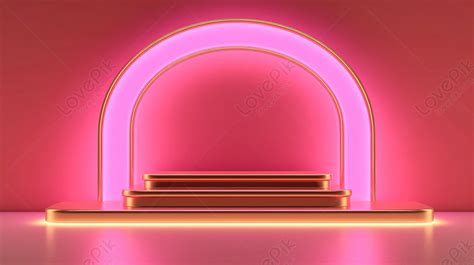 네온 핑크색 조명과 황금색 아치 배경을 갖춘 미니멀한 3d 제품 스탠드 제품 디스플레이 배경 금색 배경 황금색 배경 이미지 Hd 제품 디스플레이 금색 황금색 배경
