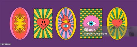 대담한 Groovy 스티커 Y2k 발렌타인 데이 레트로 갬블링과 컬트 미학 트렌디한 플랫 디자인 디자인 요소를 사랑합니다 하트로 설정된 큰 벡터입니다 생생한 색상 심플한