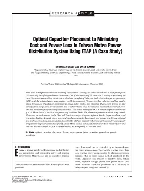 Pdf Optimal Capacitor Placement To Minimizing Cost And Power Loss In Tehran Metro Power