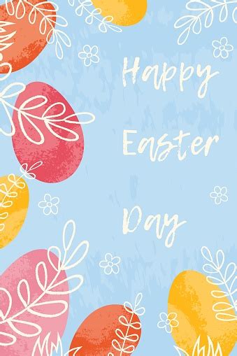 그런 지 질감의 달걀 손으로 그린 흰 꽃 나뭇잎 및 파란색 배경에 행복한 부활절 타이포그래피가 있는 축제 포스터입니다 카드 배너 초대장 표지를 위한 트렌디한 디자인 가리기에