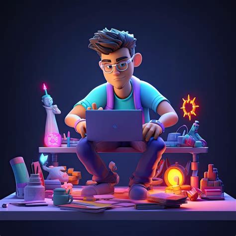 Premium Ai Image 3d Illustration Of Male Character Working On The Desk With Laptop Ai Generated