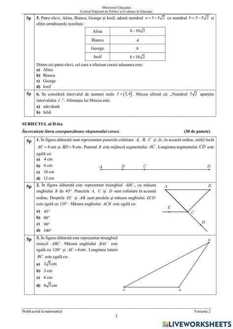Grilă En8 Matematică Rezervă 24 Iunie 2021 Online Exercise For Live Worksheets