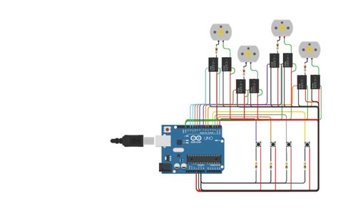 circuit design exercício 4 motores no arduino tinkercad