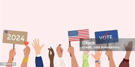 2024년 미국 대통령 선거 투표와 미국 국기가 적힌 플래카드를 들고 있는 다양한 손 미국 선거 투표 개념입니다 벡터 일러스트 레이 션입니다 미국 대통령 캠페인 2024