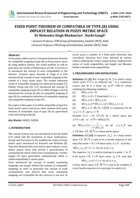 Fixed Point Theorem Of Compatible Of Type R Using Implicit Relation In Fuzzy Metric Space Pdf