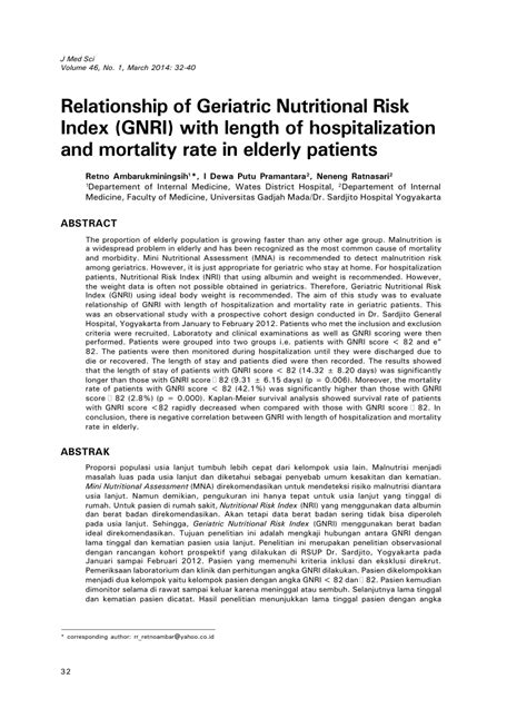 Pdf Relationship Of Geriatric Nutritional Risk Index Gnri With