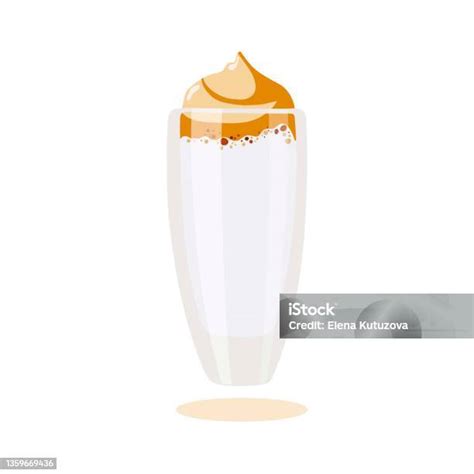 달고나 커피 크림 음료와 투명 유리 우유와 거품 휘핑 커피 흰색에 분리 된 유리 술집 바 레스토랑 메뉴 파티 장식 음료 템플릿을위한 음료 광고 0명에 대한 스톡 벡터 아트