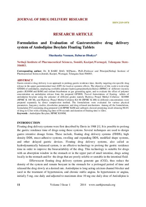 Pdf Journal Of Drug Delivery Research Formulation And Evaluation Of Gastroretentive Drug