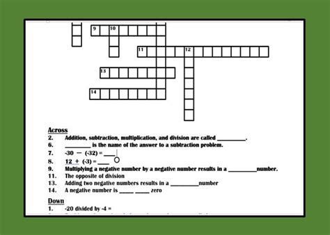 Integer Concepts Crossword Puzzle Addition Subtraction