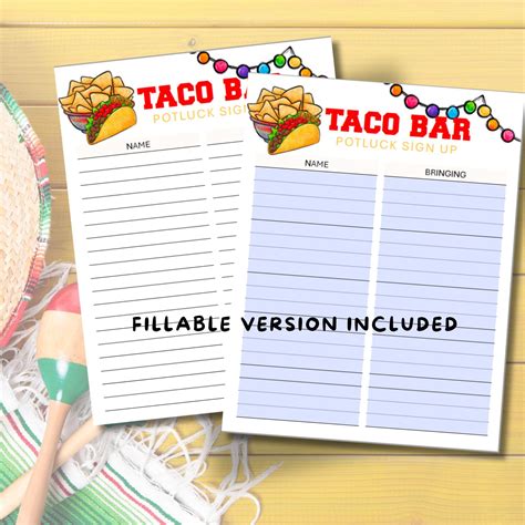 Taco Bar Potluck Sign Up Sheet Printable Mexican Fiesta Party Planner