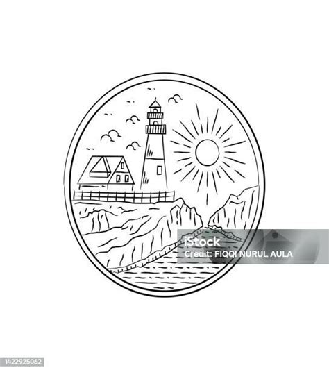 바다 절벽 모노 라인 아트에 영국 등대 벡터 디자인 배지 패치 핀 그래픽 일러스트 레이 션 벡터 아트 티셔츠 디자인 포틀랜드 섬 잉글랜드에 대한 스톡 벡터 아트 및 기타