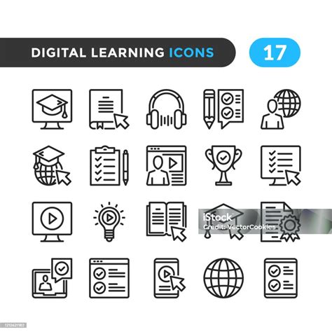 디지털 학습 라인 아이콘입니다 개요 기호 컬렉션입니다 현대 스트로크 선형 요소 프리미엄 품질 픽셀 완벽 벡터 가는 선 아이콘