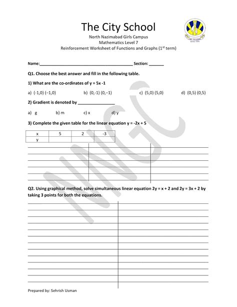 The City School North Nazimabad Girls Campus Class 7 Mathematics Reinforcement Worksheet Of