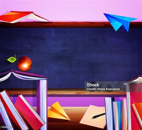 만화 스타일의 교육 개념 교과서와 문구류가 있는 빈 공간이 있는 칠판 날아다니는 종이비행기가 있는 교실 내부 크리 에이 티브 학생 포스터 교실에 대한 스톡 벡터 아트 및