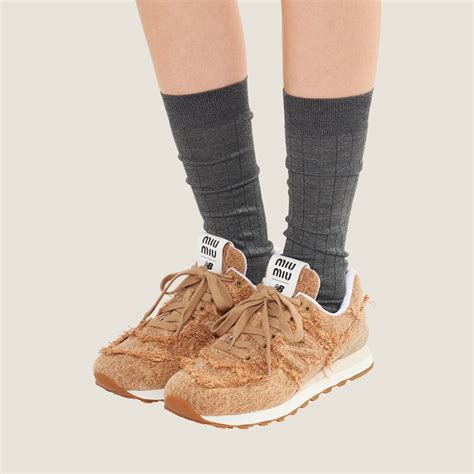 Cognac New Balance 574 X Miu Miu Marbleized Denim Sneakers Miu Miu