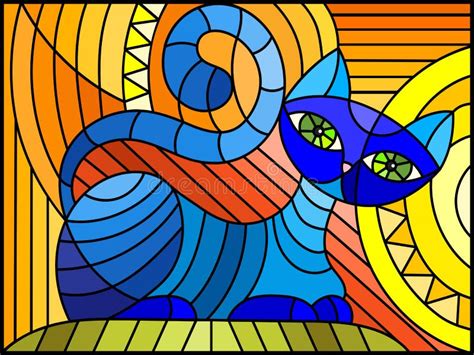 Stained Glass Illustration With Abstract Blue Geometric Cat On An