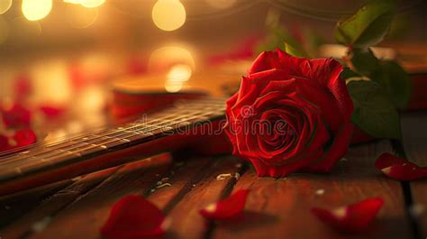 A Red Rose On The Strings Of A Classical Guitar With A Banner Backdrop
