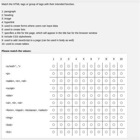 Solved Match The HTML Tags Or Group Of Tags With Their Chegg Com