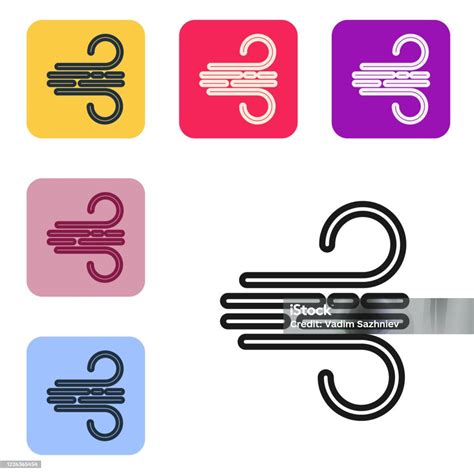 흰색 배경에 격리 된 검은 선 바람 아이콘입니다 바람이 많이 부는 날씨 색상 정사각형 버튼으로 아이콘을 설정합니다 벡터 일러스트레이션 개념에 대한 스톡 벡터 아트 및 기타