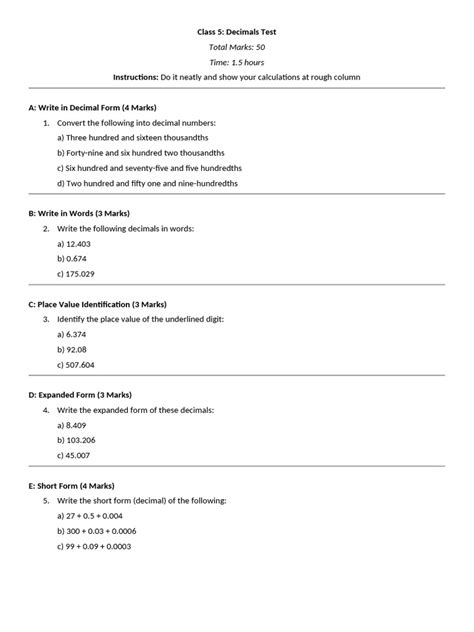 Decimal Test Pdf