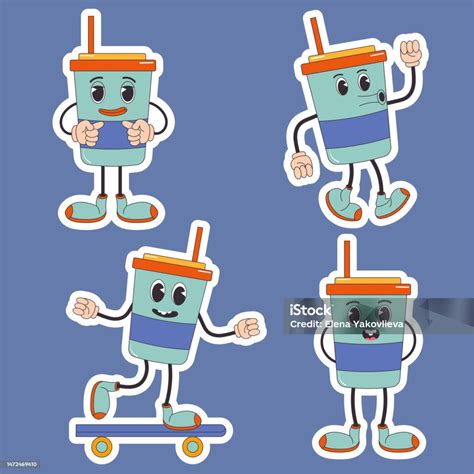 만화 캐릭터 복고풍 스티커 음료 음식 70 년대 트렌디한 그루비한 히피 복고풍 스타일 0명에 대한 스톡 벡터 아트 및 기타 이미지 0명 1970 1979 년 1990