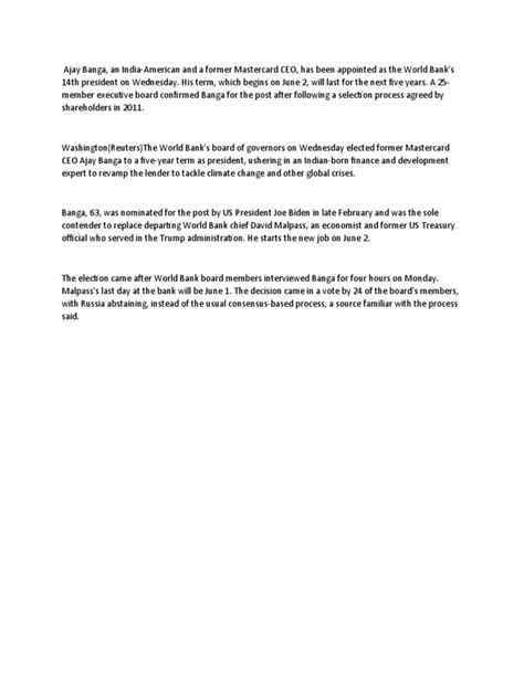 Indian Origin Ajay Banga Confirmed As Next World Bank President Pdf