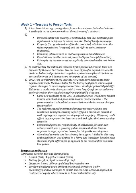 Torts Notes Including Skeletal Answers To Problem Questions Week 1 Trespass To Person Torts