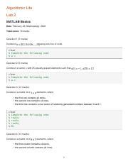 Algorithmic Life Lab 2 MATLAB Basics Practice Questions Course Hero