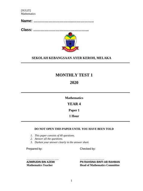 Test Paper 1 Mathematics Year 4 2020 Pdf