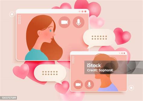 응용 프로그램을 통해 온라인 날짜 두 사람이 화상 통화 플랫폼을 통해 채팅 가상 이벤트에 대한 스톡 벡터 아트 및 기타 이미지 가상 이벤트 공유 개념 귀여운 Istock