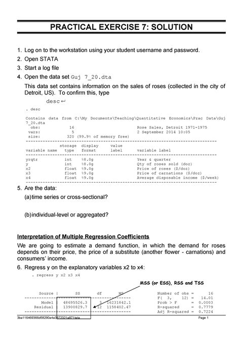 Prac 7 Multiple Regression Testing Stata Practical Exercise 7