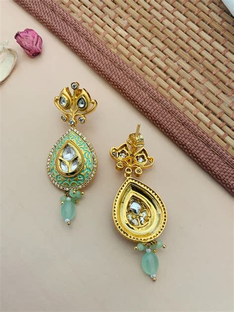 Gold Finish Green Beaded Earrings South India Jewels