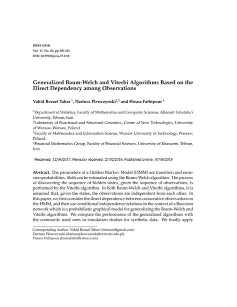 Pdf Generalized Baum Welch And Viterbi Algorithms Based On The Direct Dependency Among