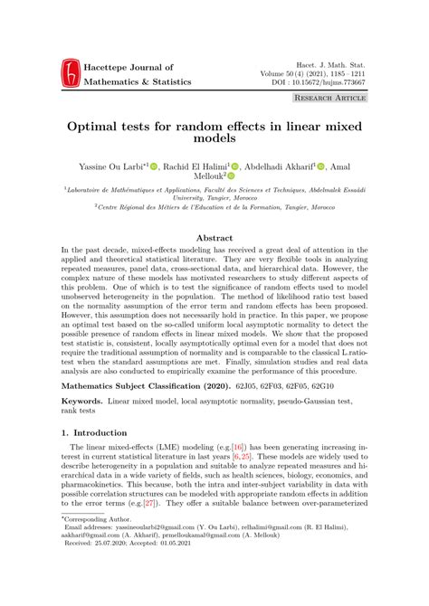 Pdf Optimal Tests For Random Effects In Linear Mixed Models