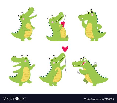 Cute Crocodile Character Engaged In Different Vector Image