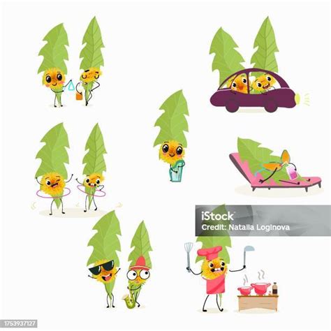 만화 민들레 쾌활한 캐릭터 그린 샐러드 동종 요법 약초 벡터 그림입니다 악기를 연주하는 쾌활한 민들레 세트 개체 그룹에 대한 스톡 벡터 아트 및 기타 이미지 Istock