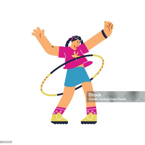 전문적으로 허리 주위에 훌라 후프를 돌리는 귀여운 소녀 흰색 배경에 고립 된 플랫 벡터 일러스트레이션 건강한 생활방식에 대한