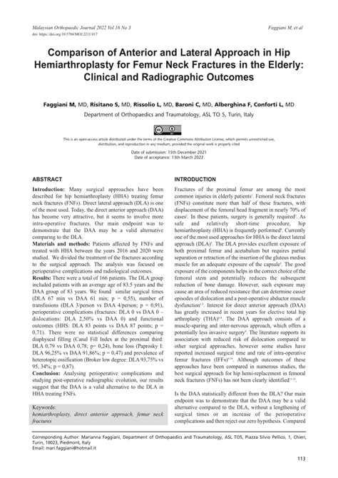 Pdf Comparison Of Anterior And Lateral Approach In Hip Hemiarthroplasty For Femur Neck