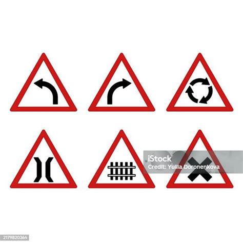 빨간 금지 삼각형 도로 표지판 벡터 아이콘 좌회전 및 우회전 원형 교차로 전방 교량 철도 및 교차로 Left Turn에 대한 스톡 벡터 아트 및 기타 이미지 Istock