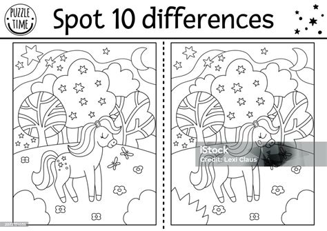 유니콘 흑백 찾기 차이점 찾기 어린이를 위한 게임 뿔이 달린 말 마법의 숲과 함께하는 동화 같은 라인 활동 재미있는 판타지