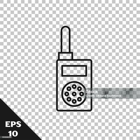 투명 한 배경에 격리 된 검은 선 무전기 아이콘입니다 휴대용 라디오 송신기 아이콘 라디오 트랜시버 기호입니다 벡터 일러스트레이션