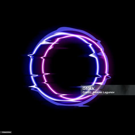 벡터 글리치 효과 둥근 모양 어두운 검은 색 배경에 빛나는 네온 일러스트 밝은 동적 모션 라이트 체조 링 스포츠에 대한 스톡 벡터 아트 및 기타 이미지 Istock