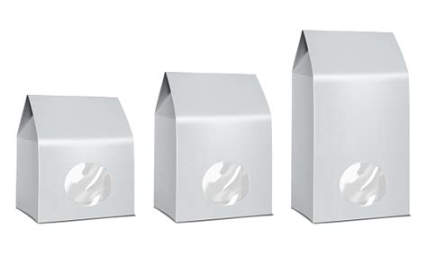 투명한 플라스틱 창이 있는 빈 스탠드업 종이 거싯 가방 다양한 크기의 벡터 모형 세트 흰색 스탠드업 카톤 패키지 현실적인 모형 디자인용 템플릿 가방에 대한 스톡 벡터 아트