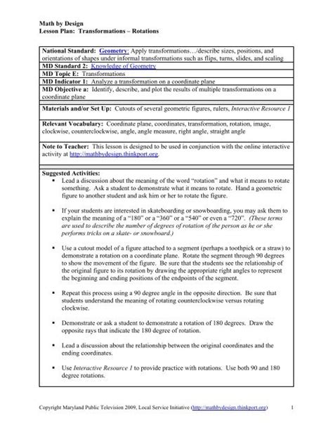 Math By Design Lesson Plan Transformations â Rotations